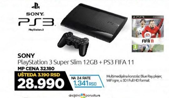 Sony PlayStation PS3 konzola Super SLim 12GB + PS3 FIFA 11, Sony