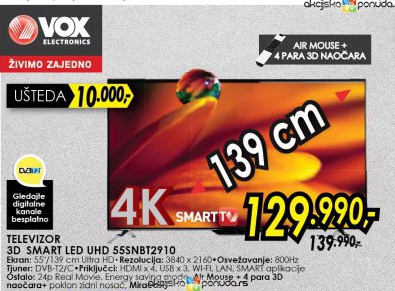 Vox 3D televizor Smart LED UHD 55SNBT2910, ekran 55", 139 cm, Vox