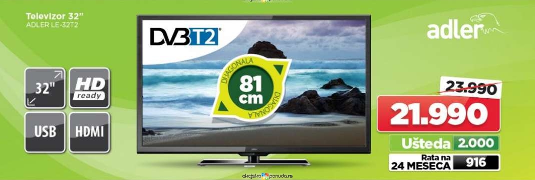 Televizor Adler TV 32 in LED HD Ready, LE-32T2, Adler