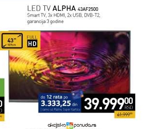 Televizor Alpha 43 in Smart LED Full HD, TV 43AF2500, Alpha