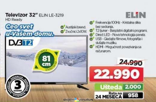 Televizor Elin TV 32 in LED HD Ready, LE-3219, Elin