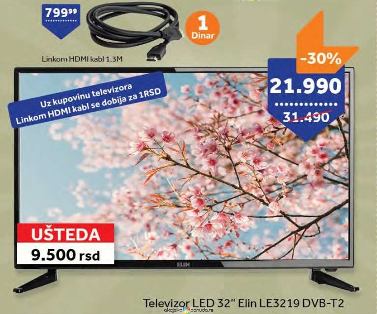 Televizor Elin TV 32 in LED HD Ready, LE3219 DVB-T2, Elin