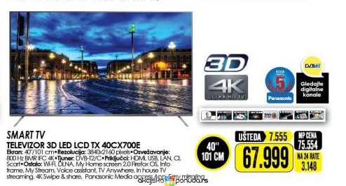 Televizor Panasonic TV 40 in 4K 3D Smart LED UHD, Panasonic