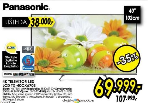 Panasonic TV 40 in 4K Smart LED Ultra HD TX-40CX670E, Panasonic