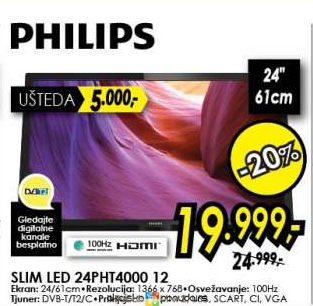 Philips TV 24 in Slim LED HD Ready 24PHT4000 12, Philips