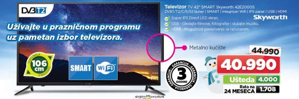 Televizor Skyworth TV 42 in Smart LED HD Ready, 42E2000S, Skyworth