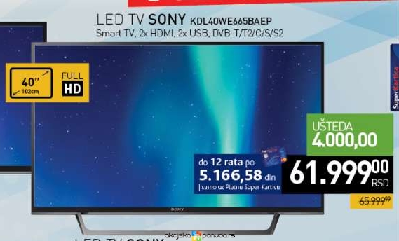 Televizor Sony TV 40 in Smart LED Full HD, KDL40WE665BAEP, Sony