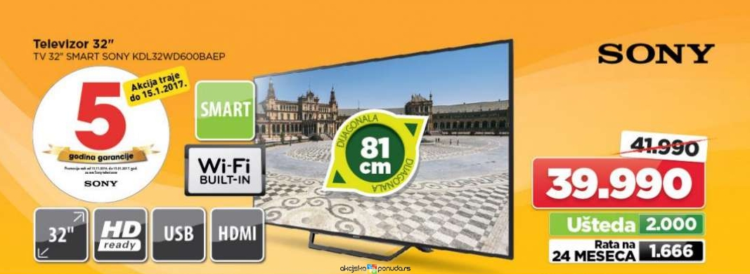 Televizor Sony TV 32 in Smart LED HD Ready, KDL32WD600BAEP, Sony