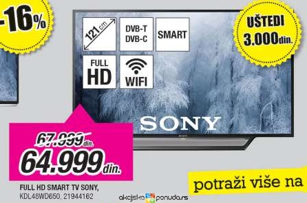 Televizor Sony TV 48 in Smart LED Full HD, KDL48WD650, Sony