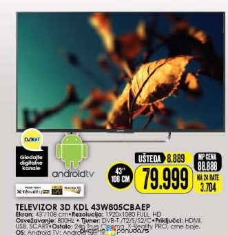 Televizor Sony TV 43 in 3D LED Full HD Android, Sony