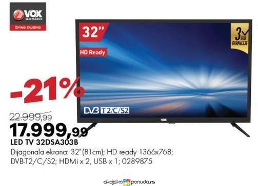 Vox TV 32 in LED HD Ready, 32DSA303B, Vox