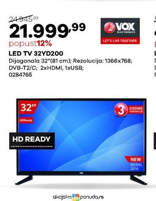 Televizor Vox TV 32 in LED HD Ready, 32ZD200, Vox