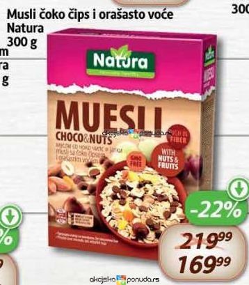 Natura musli čoko čips i orašasto voće, 300g, Natura