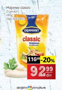 Majonez Dijamant Classic, 285g, Dijamant