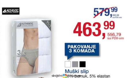 Muški slip 95% pamuk Authentic pakovanje 3 kom, Authentic