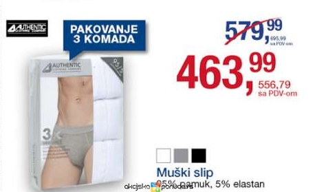 Muški slip 95% pamuk 5% elastan pakovanje 3 kom Authentic, Authentic