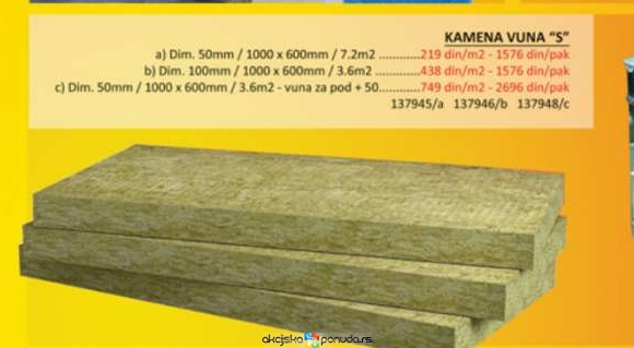 Kamena vuna S, 50/100x600mm/7,2m2, Građevina