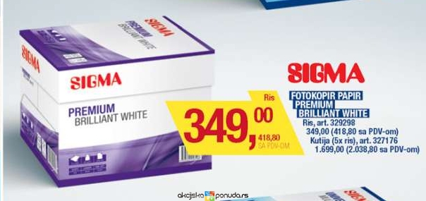 Fotokopir papir A4 Premium Brilliant White 1 ris, Sigma