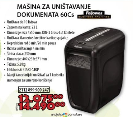 Mašina za uništavanje dokumenata Fellowes 60Cs, Fellowes