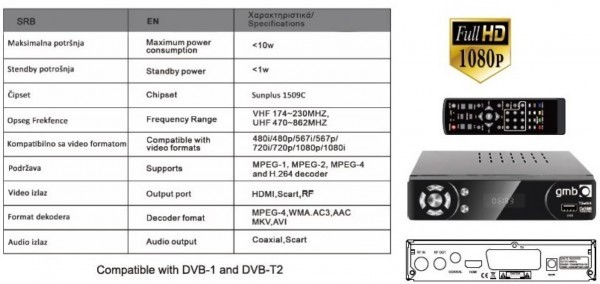 GMB-T2-404 **DVB-T2 SET TOP BOX USB/HDMI/Scart/RF-out, PVR, Full HD, H264, hdmi-kabl, modulator 1320