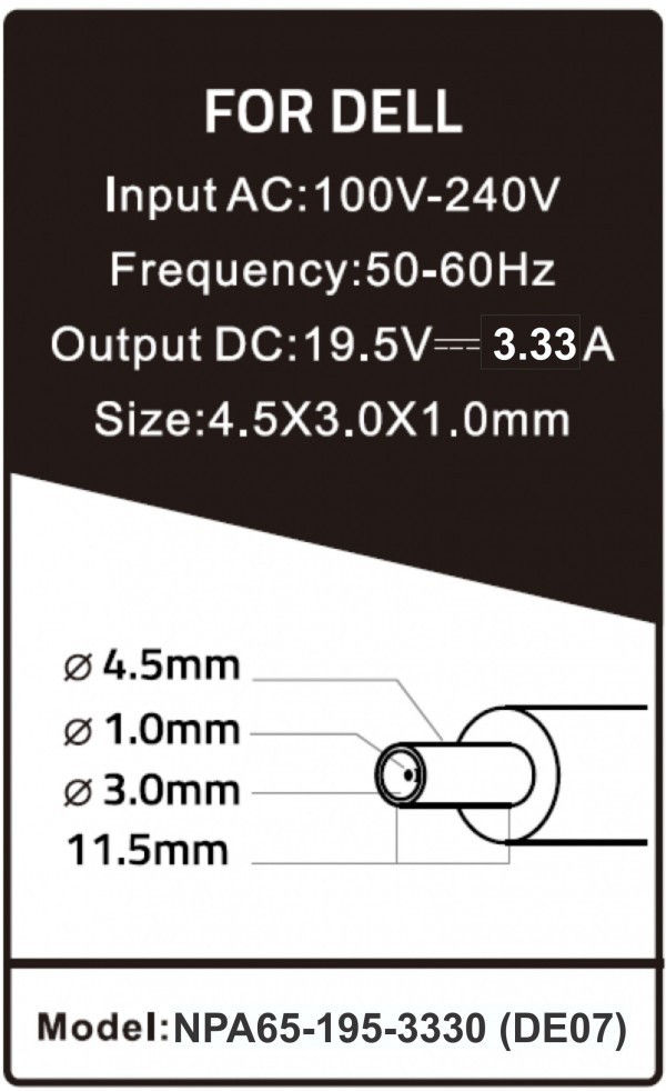 NPA65-195-3330 (DE07) **Gembird punjac za laptop 65W-19.5V-3.33A, 4.5x3.0mm Black PIN (819)