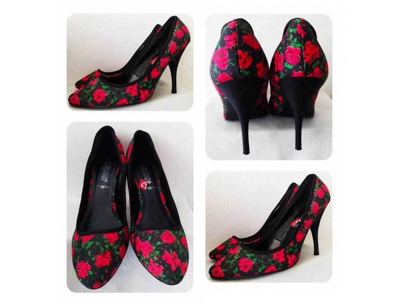 New Look* Elegantne cipele, crvene ruže na crnom, br 41