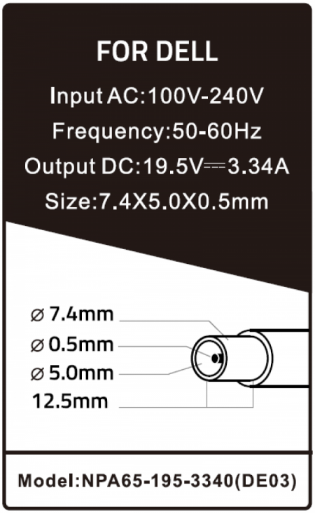 NPA65-195-3340 (DE03) **Gembird punjac za laptop 65W-19.5V-3.34A, 7.4x5.0mm black PIN