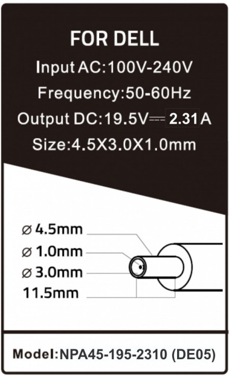 NPA45-195-2310 (DE05) **Gembird punjac za laptop 45W-19.5V-2.31A, 4.5x3.0mm Black PIN