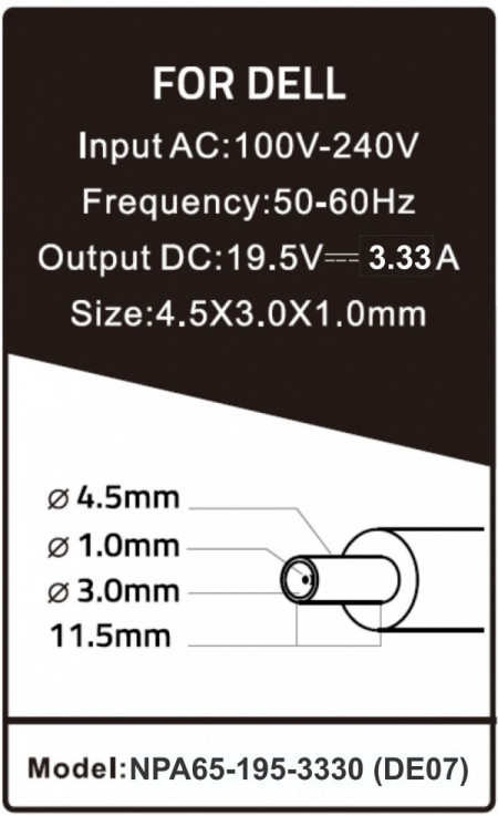 NPA65-195-3330 (DE07) **Gembird punjac za laptop 65W-19.5V-3.33A, 4.5x3.0mm Black PIN