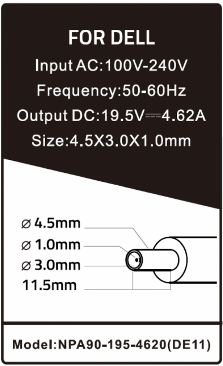 NPA90-195-4620 (DE11) ** Gembird punjac za laptop 90W-19.5V-4.62A, 4.5x3.0mm Black PIN