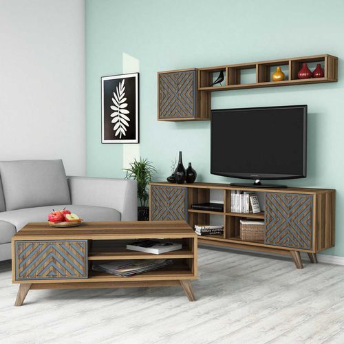 Inci - Walnut, Blue Walnut Blue Living Room Furniture Set