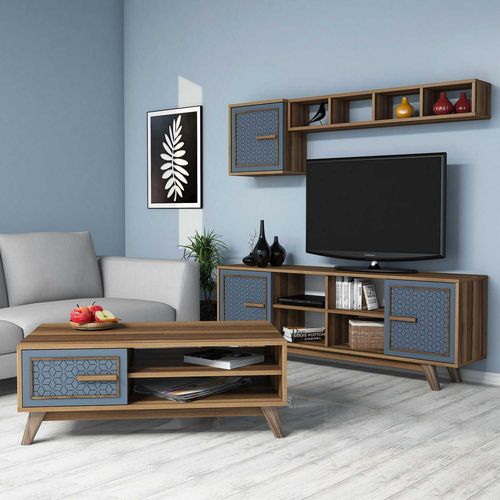 Ayla - Walnut, Blue Walnut Blue Living Room Furniture Set