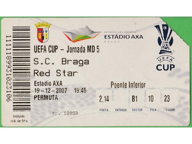 Braga - Crvena zvezda 19.12.2007. Ulaznica