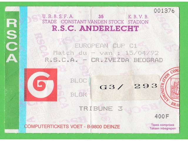 Anderleht - Crvena zvezda 15.04.1992. Ulaznica