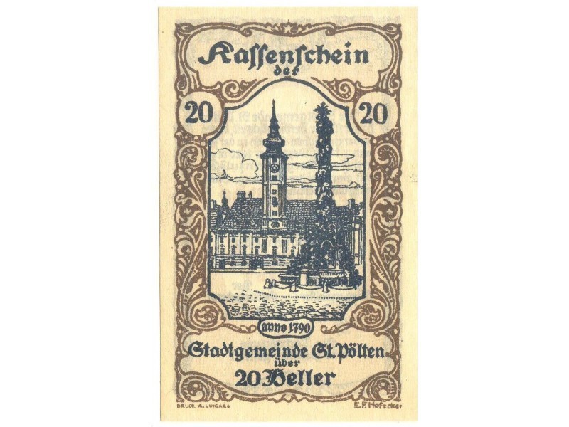 Austrija 20 heller 1920 aUNC notgeld St. Polten