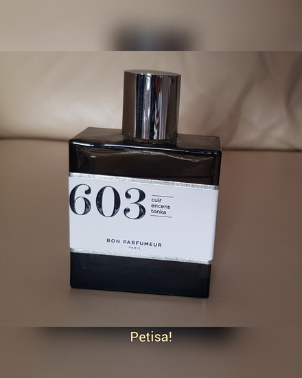 Bon Parfumeur 603 cuir, encens, fève tonka or.