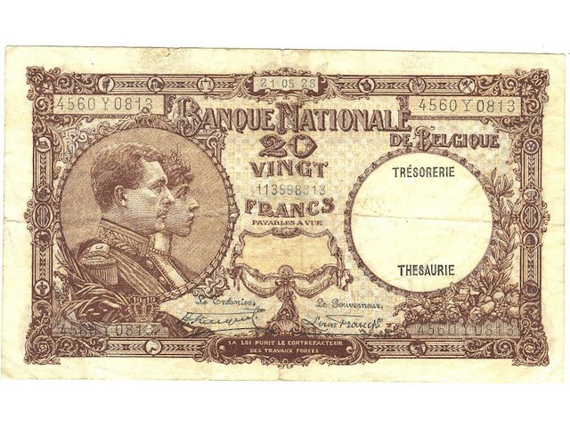 Belgija 20 francs 21.5.1928