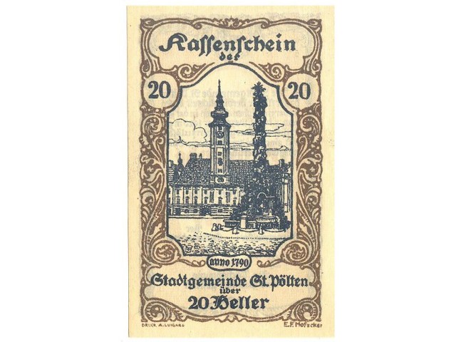 Austrija 20 heller 1920 aUNC notgeld St. Polten