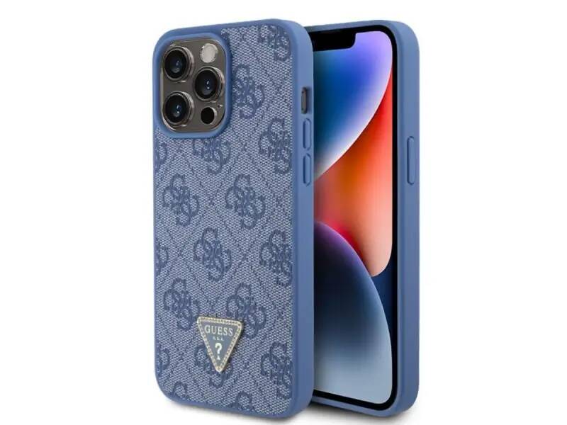 GUESS MASKA ZA IPHONE 15 PRO MAX LEATHER 4G TRIANGLE STRASS BLUE
