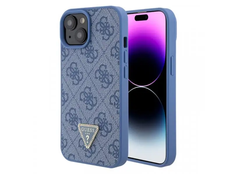 GUESS MASKA ZA IPHONE 15 LEATHER 4G TRIANGLE STRASS BLUE