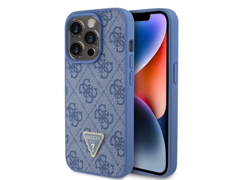 GUESS MASKA ZA IPHONE 15 PRO LEATHER 4G TRIANGLE STRASS BLUE