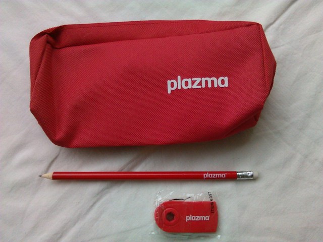 Velika crvena pernica-neseser, olovka i gumica `plazma`