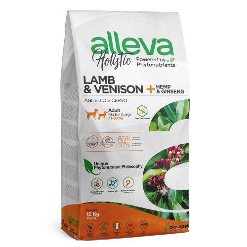 Alleva Holistic Dog Adult Lamb &amp; Venison + Hemp &amp; Ginseng Medium/Maxi 12 kg