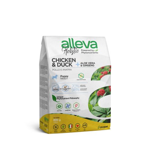 Alleva Holistic Dog Puppy Chicken &amp; Duck + Aloe Vera &amp; Ginseng Medium 800 g