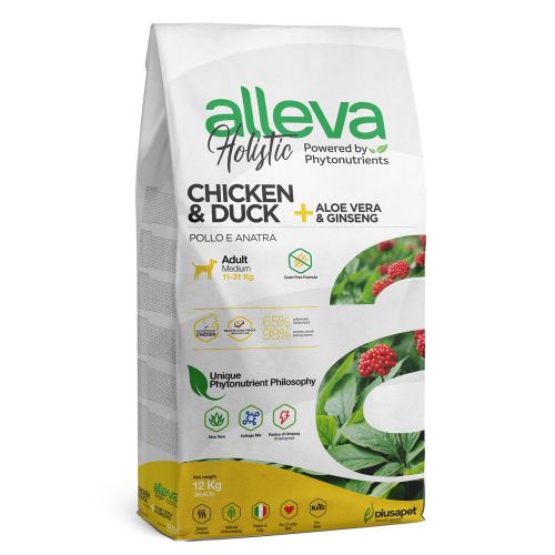 Alleva Holistic Dog Adult Chicken &amp; Duck + Aloe Vera &amp; Ginseng Medium 12 kg