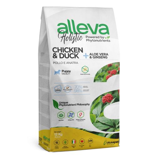 Alleva Holistic Dog Puppy Chicken &amp; Duck + Aloe Vera &amp; Ginseng Medium 12 kg