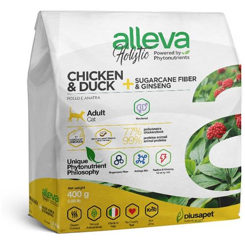 Alleva Holistic Cat Adult Chicken &amp; Duck + Sugarcane Fiber &amp; Ginseng Neutered 400 g