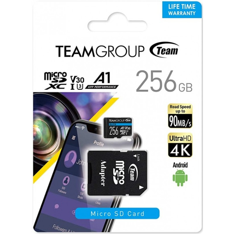 TeamGroup MICRO SDXC 256GB ELITE, UHS-I U3 V30 A1, 100/50MB/s +SD Adapter TEAUSDX256GIV30A103