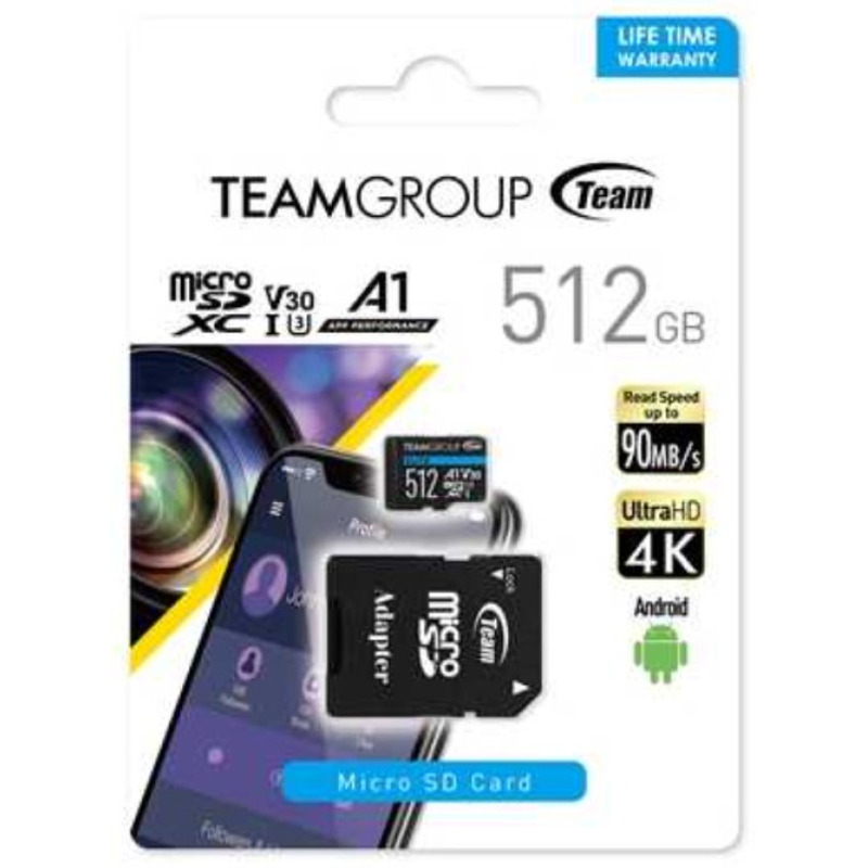 TeamGroup MICRO SDXC 512GB ELITE, UHS-I U3 V30 A1, 100/90MB/s +SD Adapter TEAUSDX512GIV30A103