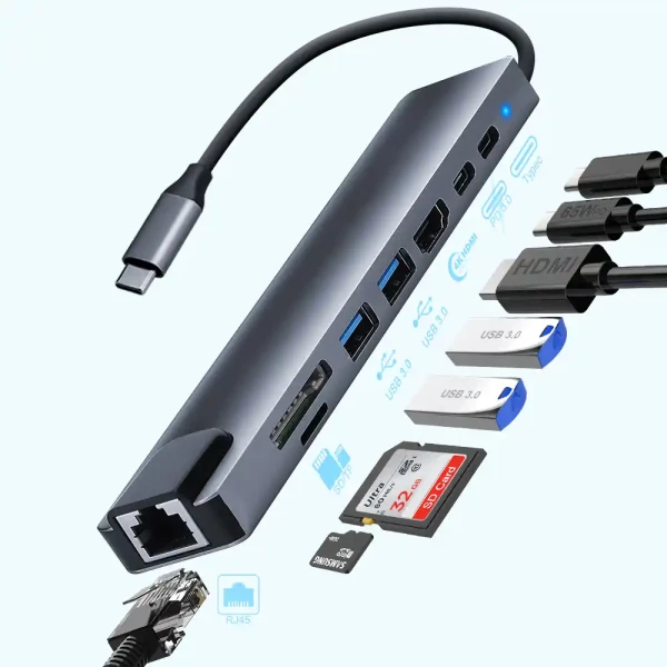 Adapter-konverter Zeus 8 in 1RJ45SD readrMicro SD readeUSB 3.0 x 2HDMIUSB-CUSB-C PDAliminium